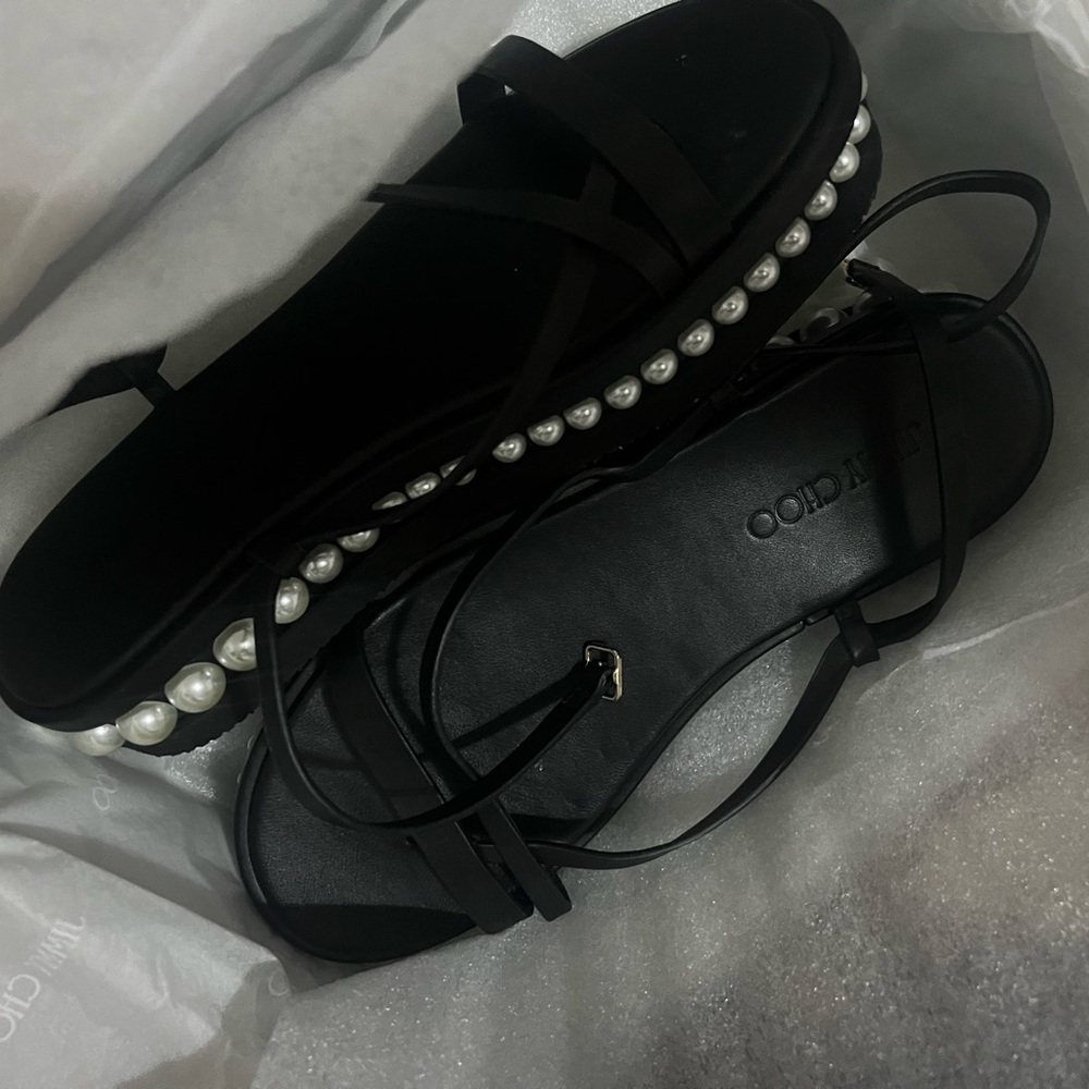 Jimmy Choo Black Leather Pearl Platforms Sandals - Gem